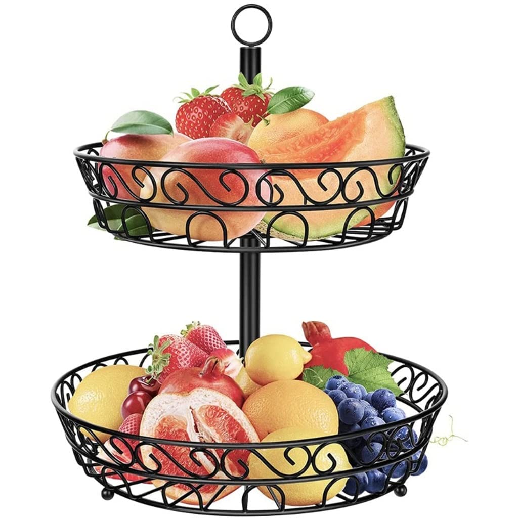 N/A 2 Tier Metal Fruit Plate Basket Detachable Countertop Vintage Hollow Out Black Tray Stand Holder