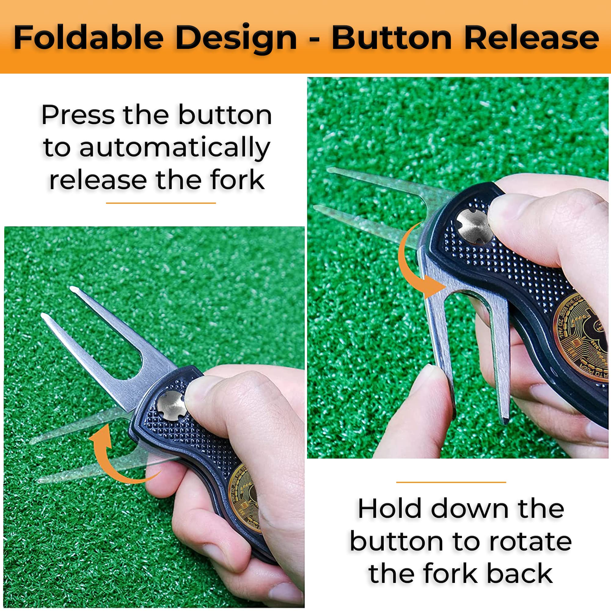 HODL 21 Bitcoin Golf Divot Repair Tool, All-Metal Golf Accessories - 3- in-1 Golf Multitool (Divot Tool, Ball Marker, Club Holder) | Foldable with with Pop-up Button & Magnetic Ball Marker