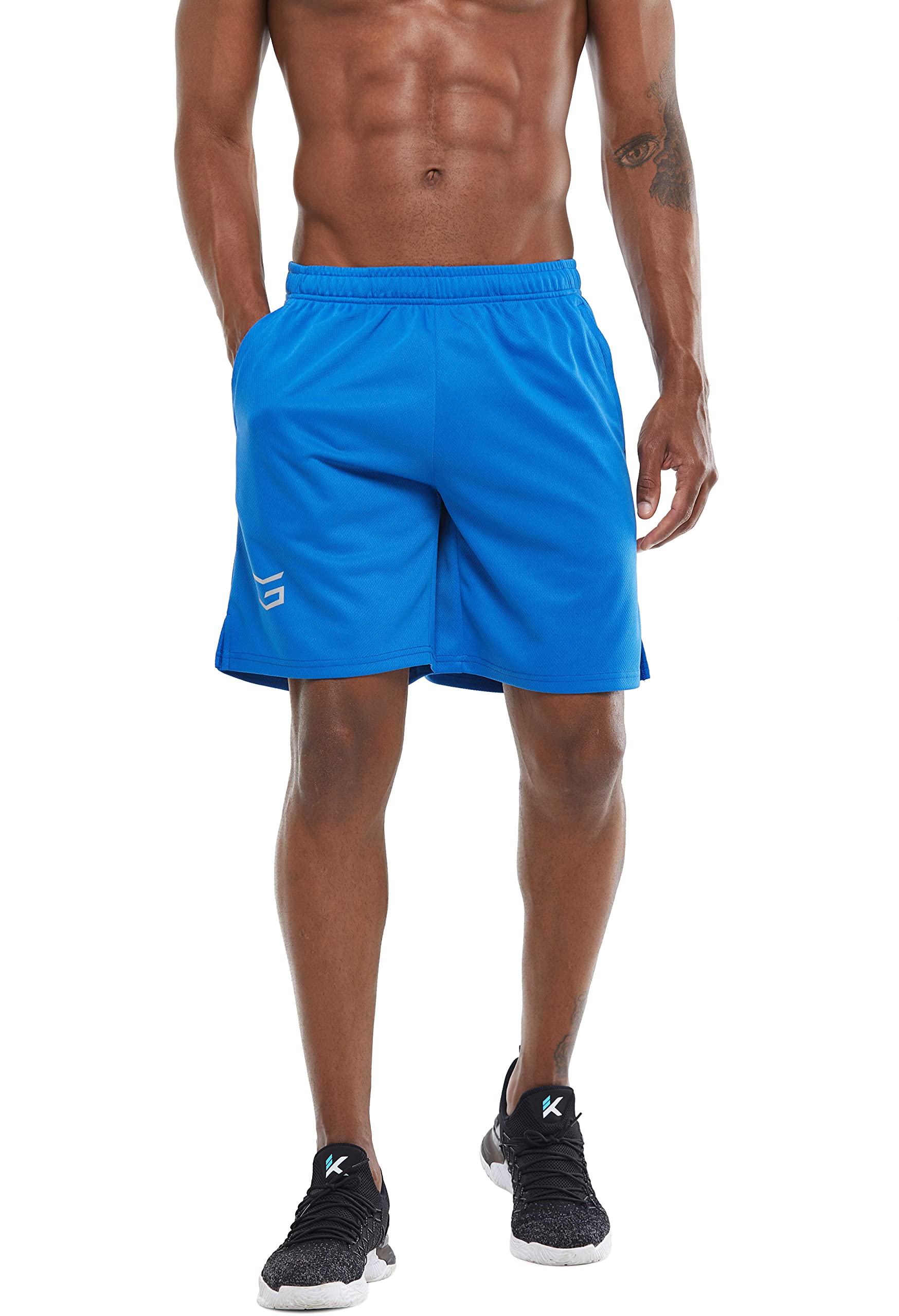 G Gradual Men's 7" Workout Running Shorts Quick Dry Lightweight Gym Shorts with Zip Pockets (2 Pack: Black/Blue Large)