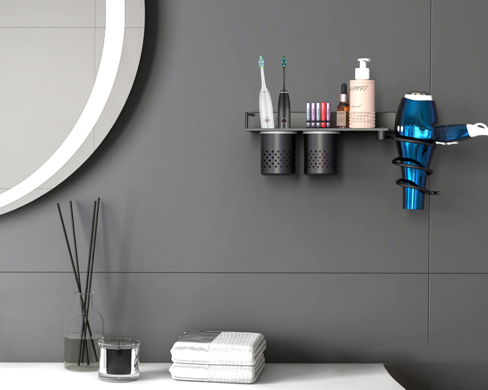 MyLifeUNIT Hair Dryer Holder, Hair Tool Organizer Wall Mounted with 2 Cups, Bathroom Blow Dryer Holder Shelf, Hair Styling Tools Organizer