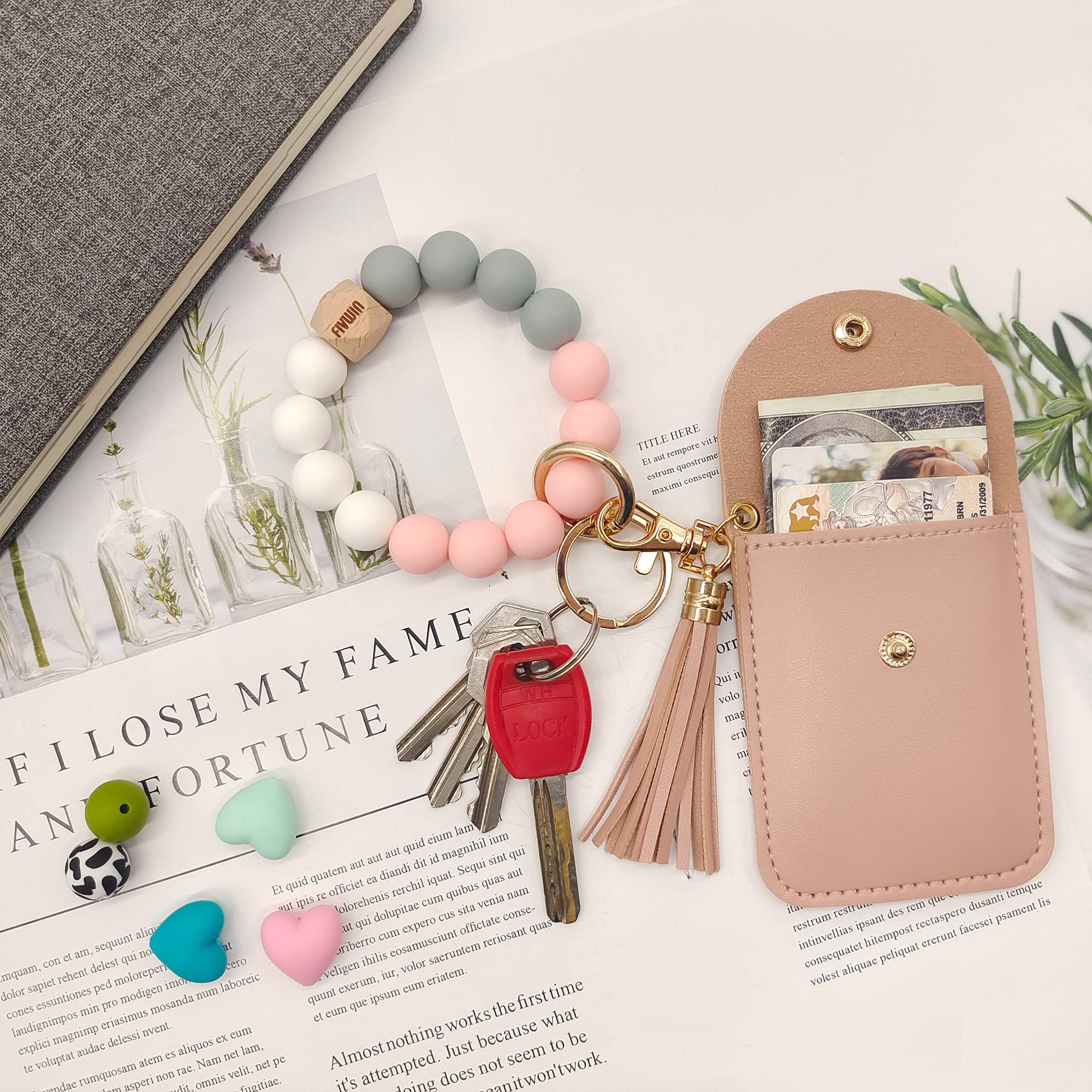FIVWIN Wristlet Keychain Bracelet Wallet for Women Silicone Beaded Car Key Rings with Tassel Bangle Card Holder