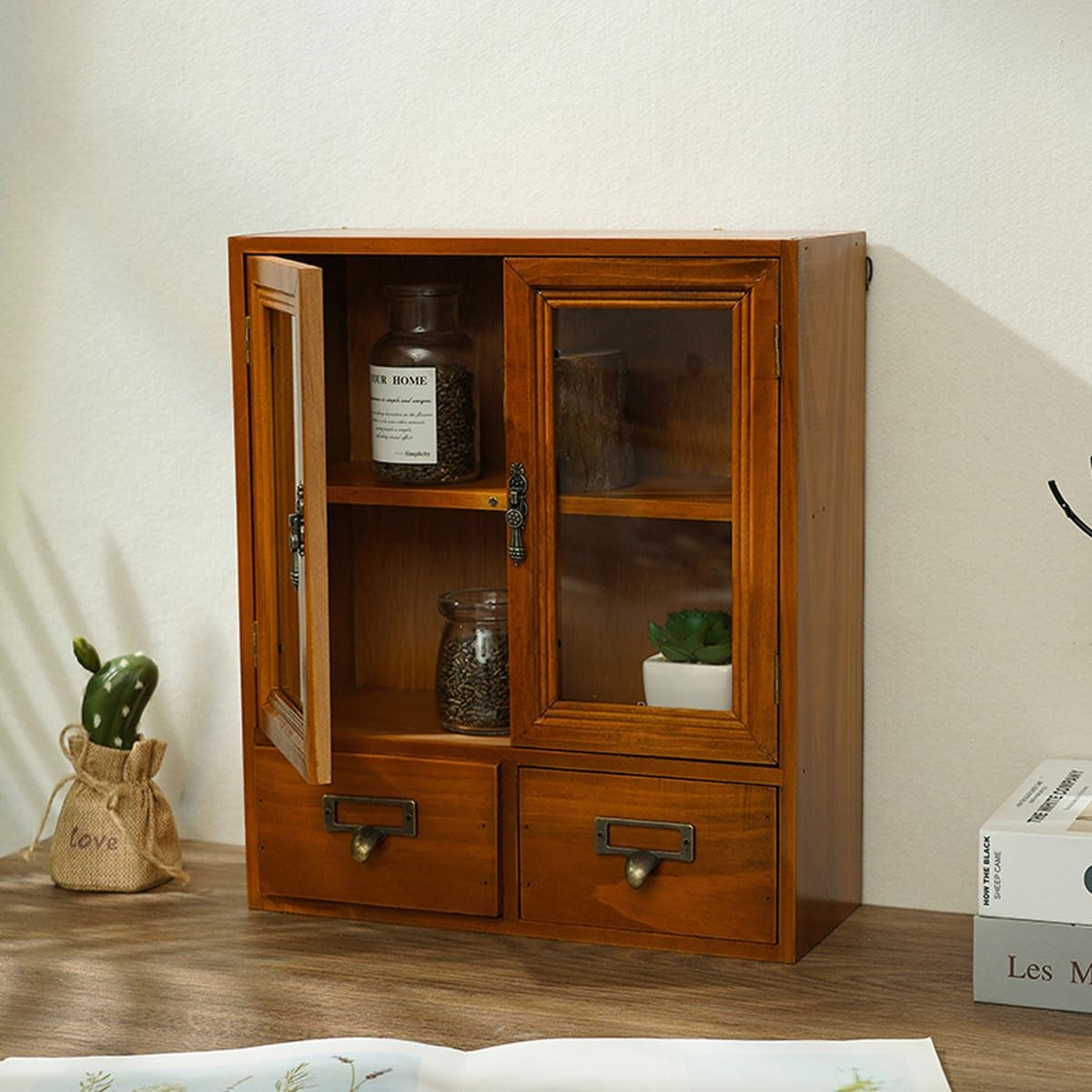 QHYFFS Solid Wood Counter Top Cabinet,Medicine Cabinet,Display Case with Glass Door,Kitchen Cabinets with Drawers,Desktop Cosmetic Storage Box Spice Cabinet,Apothecary Cabinet(Natural)