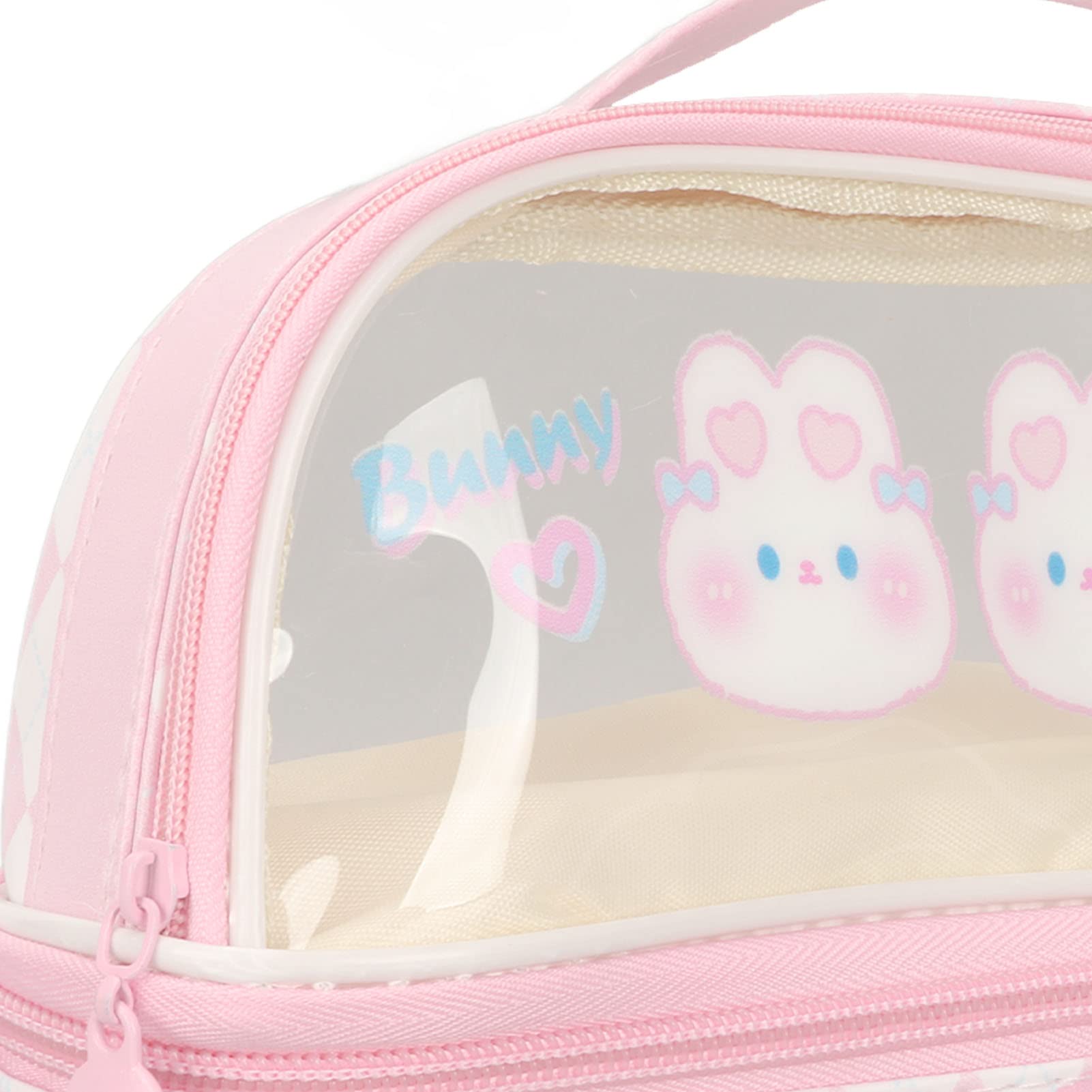 Mokernali Cute Rabbit Pen Bag, Rabbit Pattern Double Layer Pen Bag, Waterproof Transparent Kawaii Pencil Case Pink Cosmetic Bag with Handle
