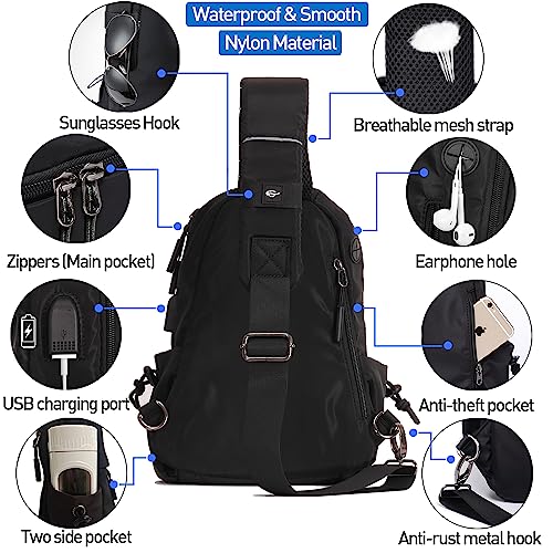 Small Black Sling Crossbody Backpack Shoulder Bag for Men Women, Waterproof Lightweight One Strap Backpack Sling Bag Backpack for Hiking Walking Biking Travel Cycling USB Charger Port-Nylon
