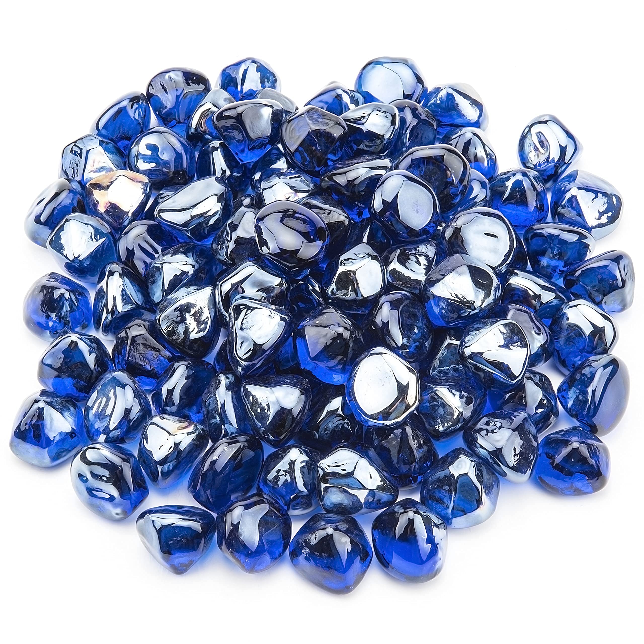 Kinway 20lbs Fire Glass Diamonds Blue Fire Pit Glass 1 Inch Fire Glass Rocks for Fire Pit Fireplace - Cobalt Blue