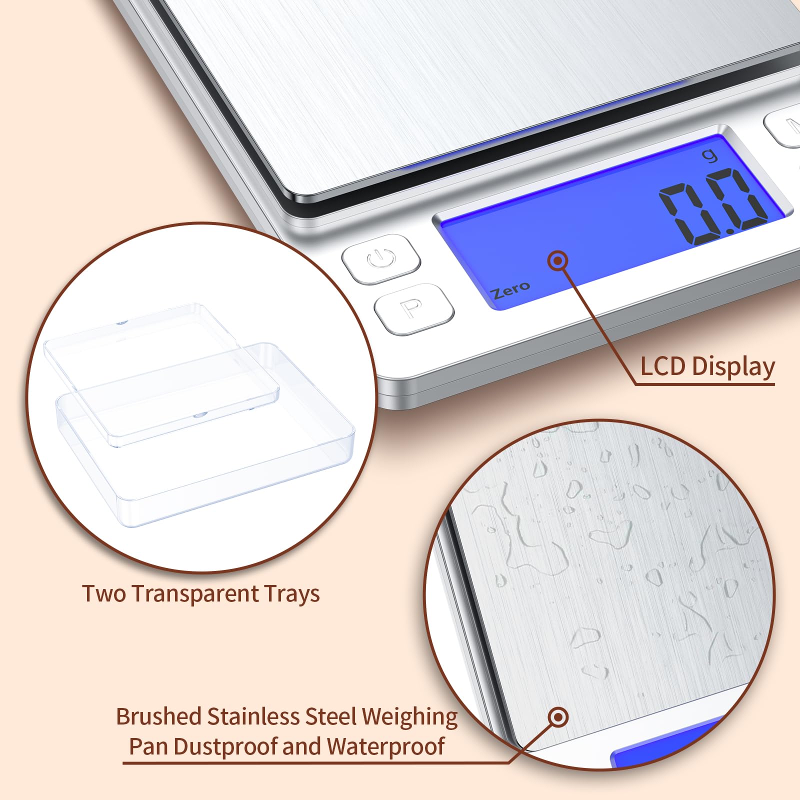 Food Kitchen Scale, Food Scales Digital Weight Grams and Oz, High Precision Digital Scale, with 2 Trays, Tare Function, Baking, Cooking, LCD Display