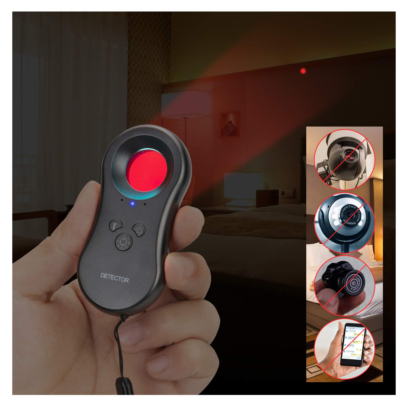 Hidden Camera Detectors,LED Device Detector with Infrared viewfinders - Pocket Sized Motion Only Anti Spy Camera Finder Locates Hidden Camera,Chargeable Anti Theft Alarm in AirBnB, Hotels and Bathroom
