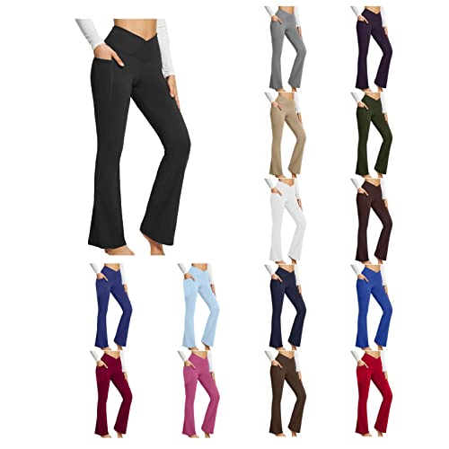 TIMIFIS Yoga Pants Women Flare High Waisted Leggings with Pockets Casual Loose Bootcut Joggers Solid Color Workout Pants