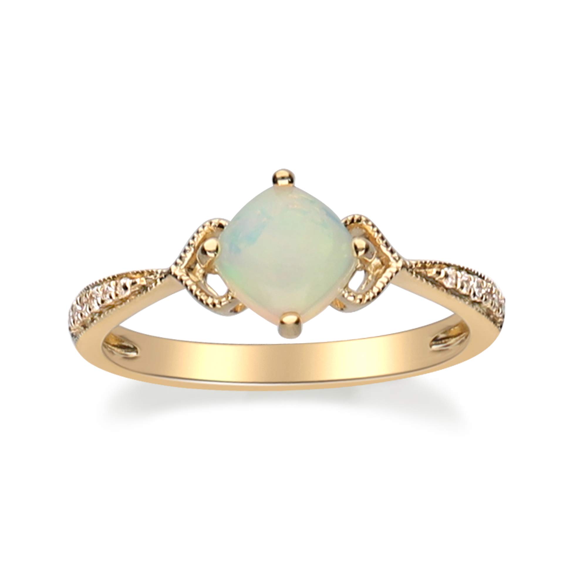 Gin & Grace 14K Yellow Gold Natural Ethiopian Opal Ring with Diamonds for women | Ethically, authentically & organically sourced (Cushion) shaped opal jewelry for her | Opal Ring for women