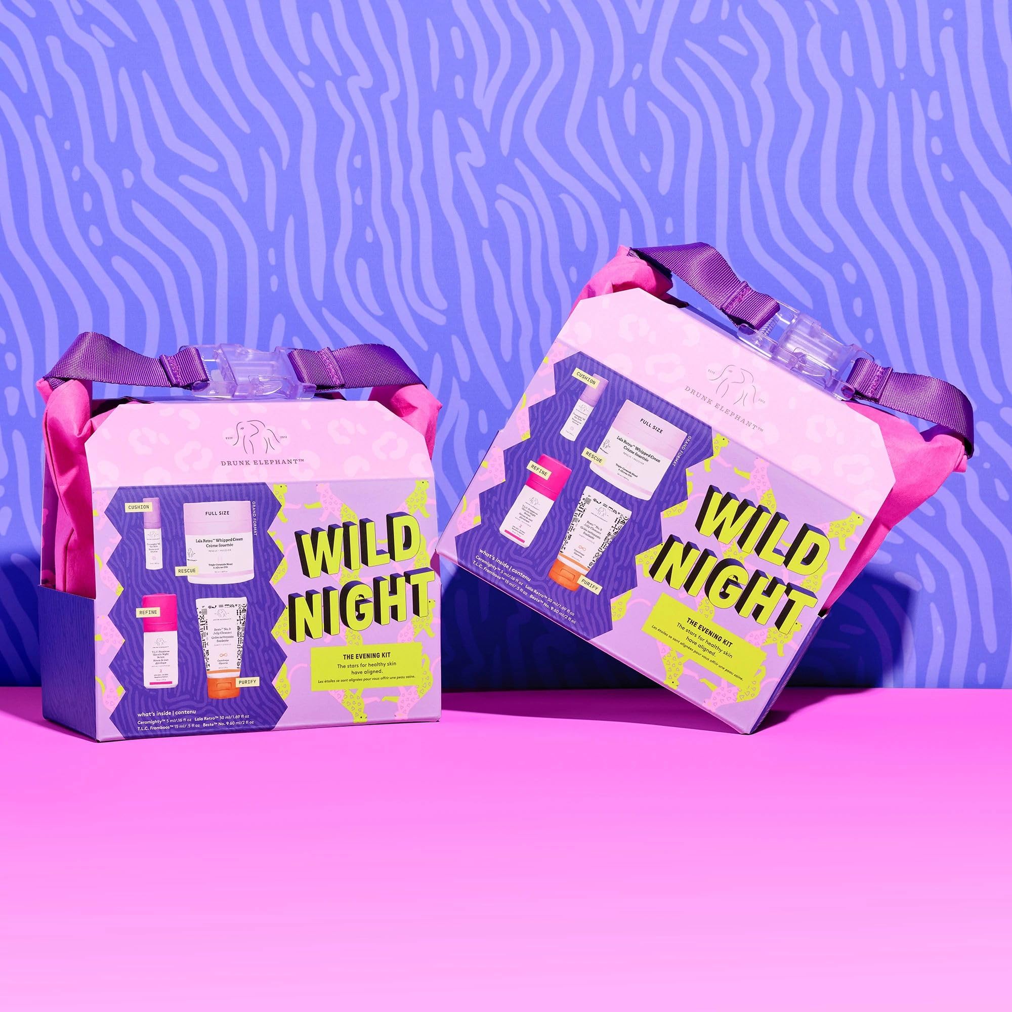 Drunk Elephant Wild Night: The Evening Kit: includes Lala Retro Whipped Cream, T.L.C. Framboos Glycolic Night Serum, Ceramighty AF Eye Balm, and Beste No. 9 Jelly Cleanser