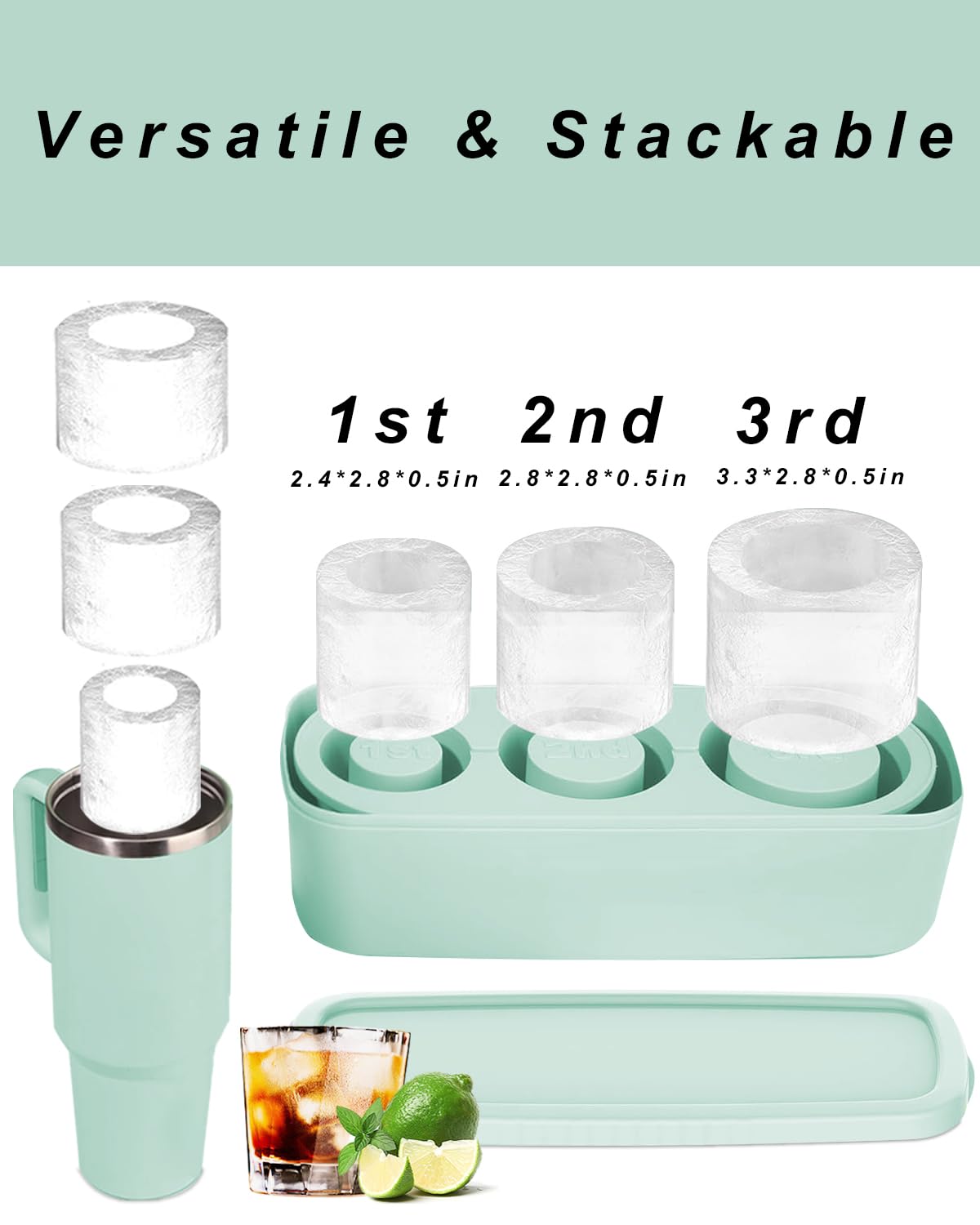 Ice Mold for Stanley Tumbler Cup, 3 PCS Silicone Hollow Cylinder Ice Cube Tray with Lid for 30OZ-40OZ Straw Tumbler, Large Ice Cube Mold for Freezer, Ice Maker for Whiskey, Cocktail, Coffee (Green)