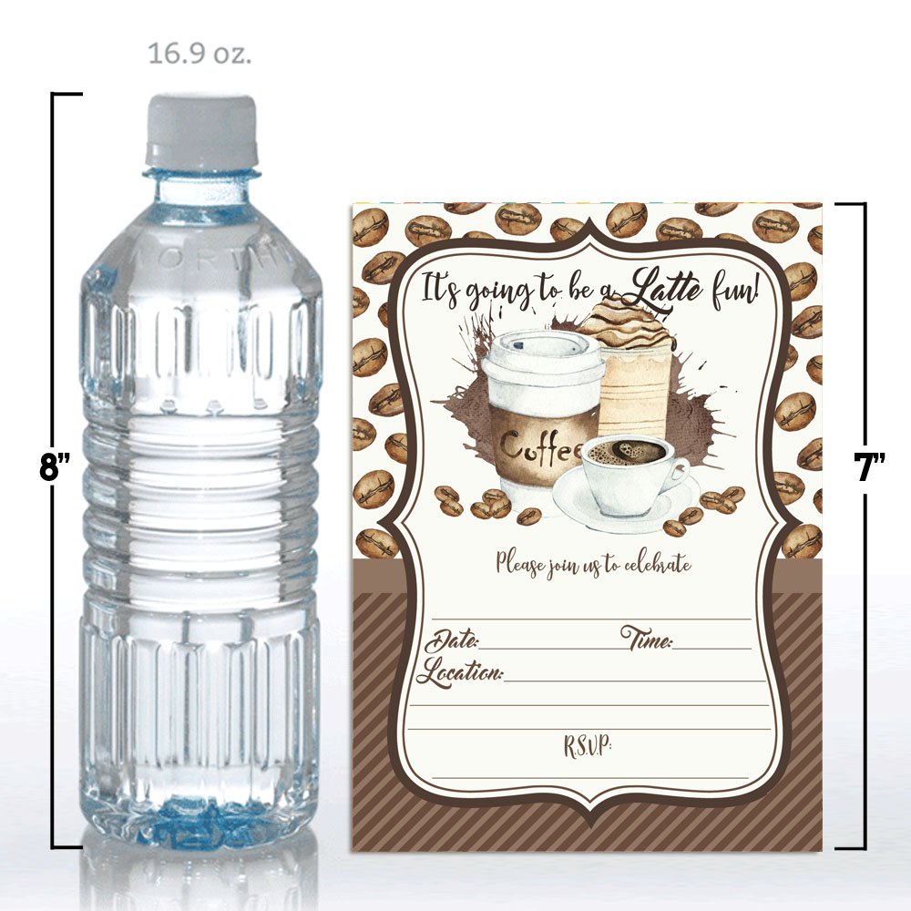 Watercolor Coffee Latte Fun Birthday Party Invitations, 20 5x7 Fill In Cards with Twenty White Envelopes by AmandaCreation