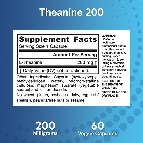 Jarrow Formulas Extra Strength Theanine 200 mg, Dietary Supplement That Promotes Relaxation, Amino Acid Supplement for Relaxation Support, 60 Veggie Capsules, 60 Day Supply