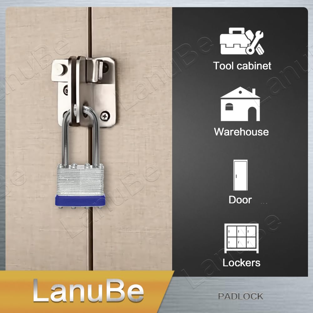 LanuBe Laminated keyed Padlock (1-9/16", 40mm), keyed Alike Locks, Long Shackle,Marked Blue Plastic Hoop, Pack of 6…