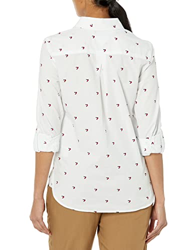 Tommy Hilfiger Women's Long Sleeve Half Button Roll Tab Popover Shirt, Bright White Multi