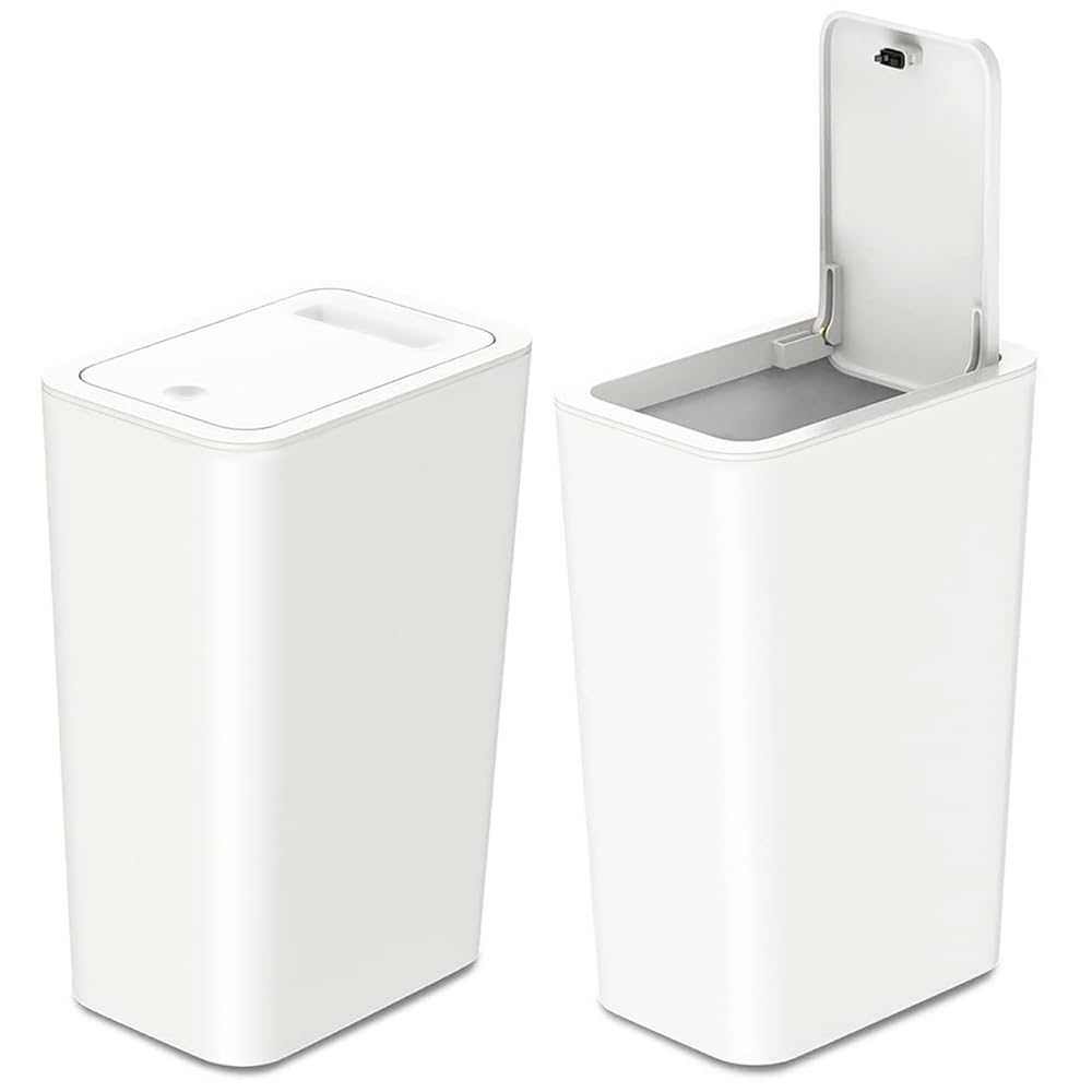 mzxoo 2 Pack Slim Space-Saving Trash Can with Press Top Lid, 15L 4 Gallon Durable Plastic Garbage Bin for Kitchen, Bathroom, RV, Office, Small Container Wastebasket for Narrow Spaces (2 Pcs White)