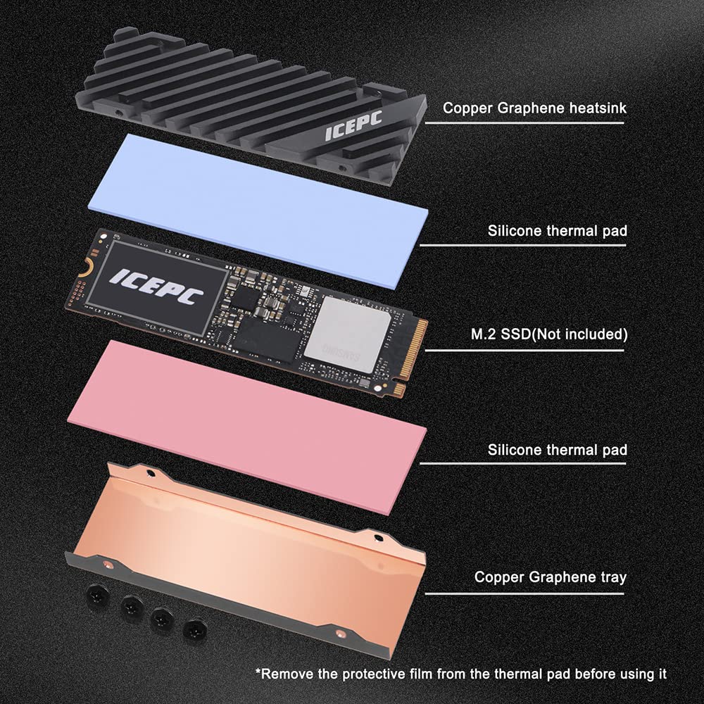 icepc M.2 PCIE NVME 2280 SSD Graphene Coating Full-Cover Copper Heatsink,SSD Radiator with Thermal Conductive Adhesive for Laptop PC PS5 2280 NGFF Solid State Disk Cooler(Grid Pattern)