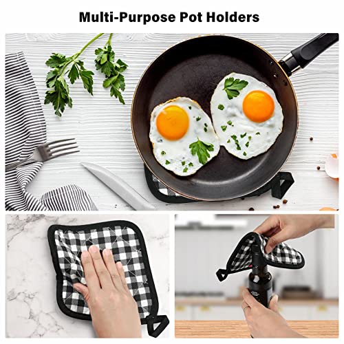 dsfen Heat Resistant Silicone Oven Gs Oven Mitts + 2 Cotton Pot Holders for Kitchen Cooking Baking Grilling Barbecue-Black Plaid