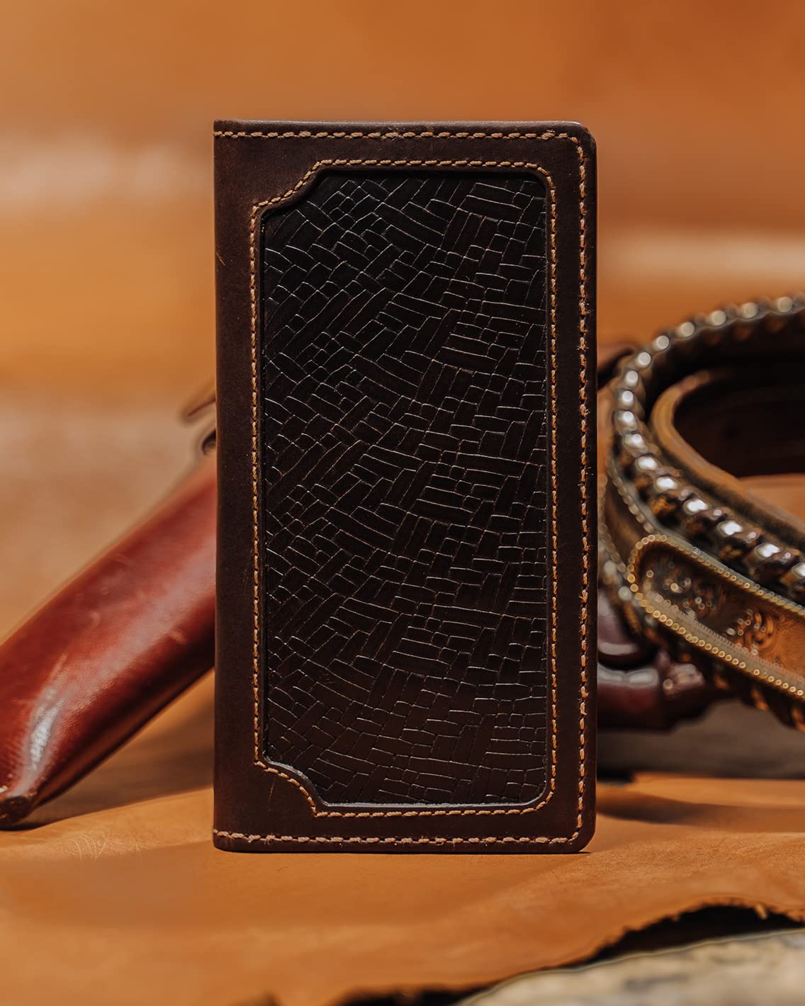 HoJ Co. BOONE Mens Long Wallet | Cowboy Wallet | Basketweave Full Grain Leather Rodeo Wallet | Long Bifold Men's Wallet | Western Wallet