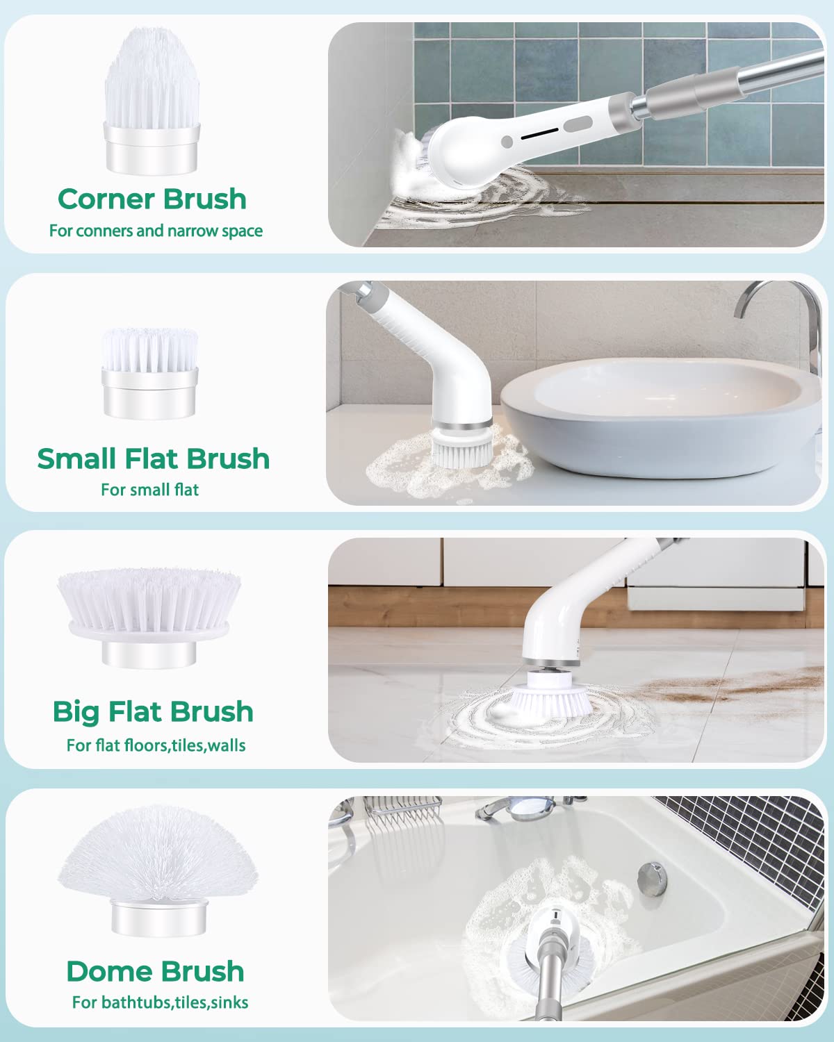 Electric Spin Scrubber - Cordless Shower Cleaning Brush with 8 Replaceable Heads - 2 Speeds & Extension Handle - Power Scrubber for Bathroom, Tile, Shower, Grout, Tub - includes Hooks and Storage Bag