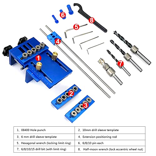 High Precision Dowel Jigs Kit with 5 Dowel Drilling Sleeves (6/8/10mm) ,Woodworking Drilling Locator Guide Kit for DIY Wood working