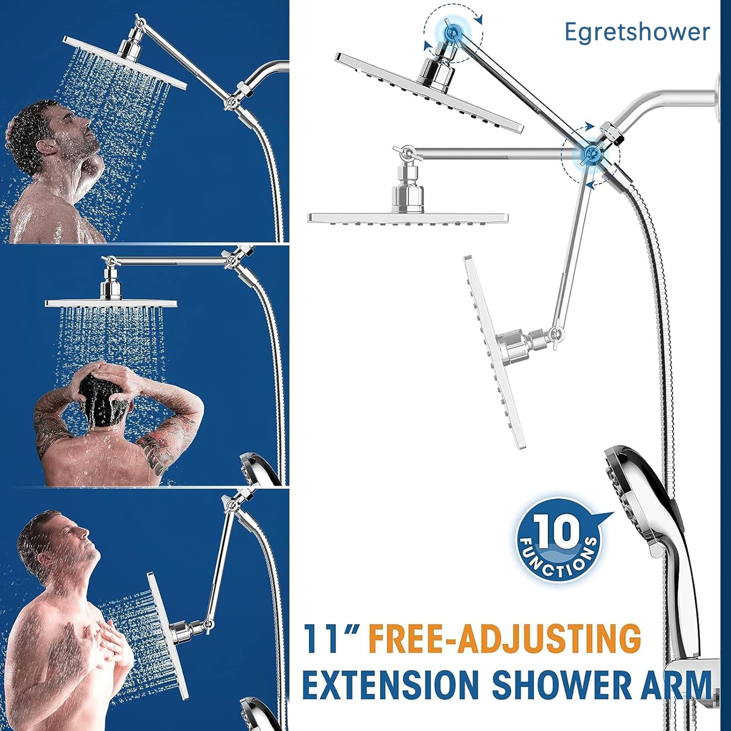 High Pressure 9'' Rainfall Shower Head With Handheld Combo, 10-Setting Handheld Shower Head Built-In Power Wash, 11'' Extension Arm Height/Angle Adjustable With Holder & 60" Hose - Polished Chrome