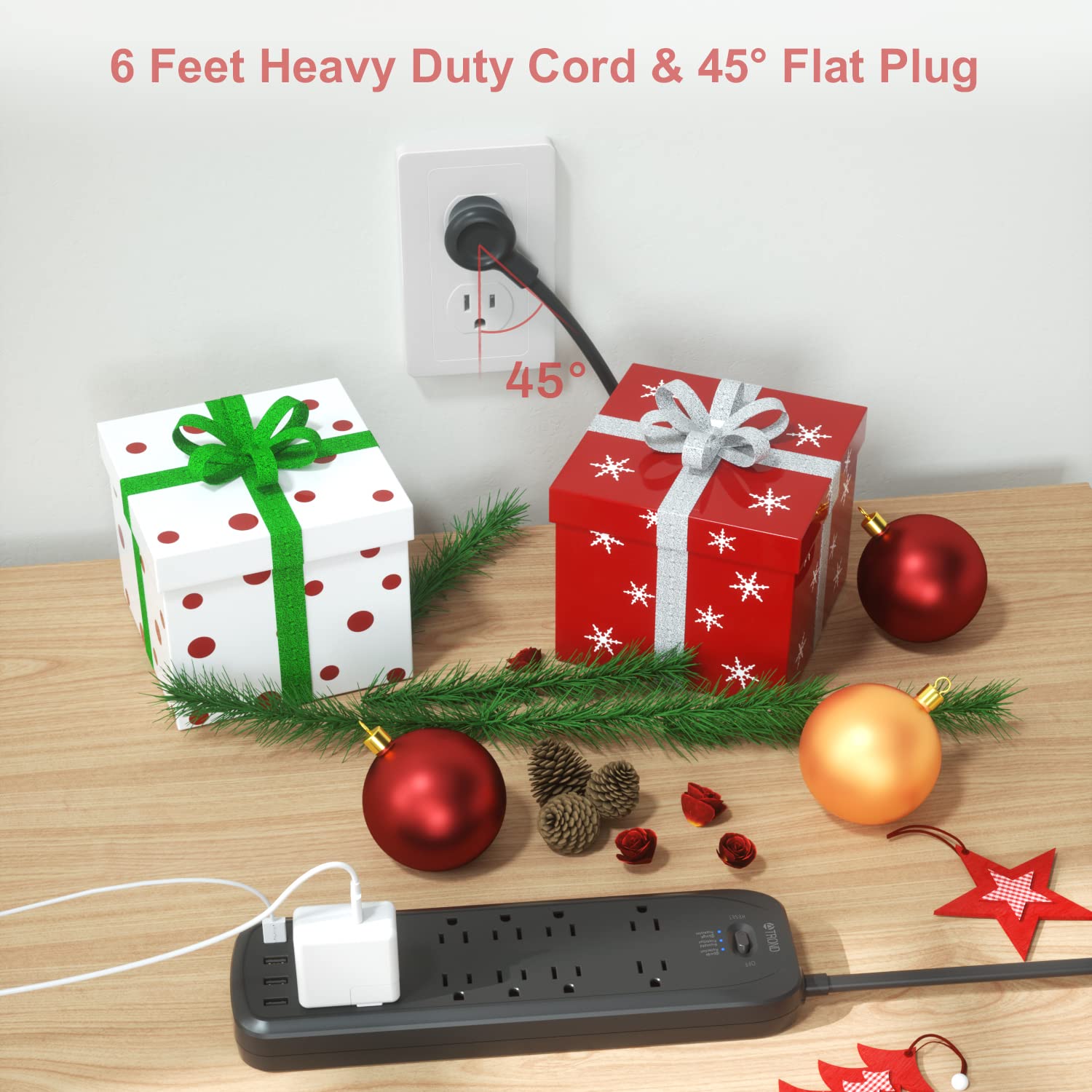 High Joules Power Strip Surge Protector (2x4000J), TROND 6 ft Extension Cord Black Safe Power Strip with Dual Surge Protection 10 Outlets 4 USB Charger, Flat Plug Power Strip for Christmas Lights