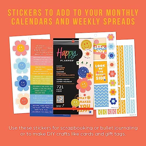 Happy Planner 12 Month Classic Academic Planner Sticker Pack Bundle – Super Happy - Classic Sized Planner (7” x 9.75”) July 2023 – Dec 2024 & 30 Sheet Sticker Book, 721 Stickers Total