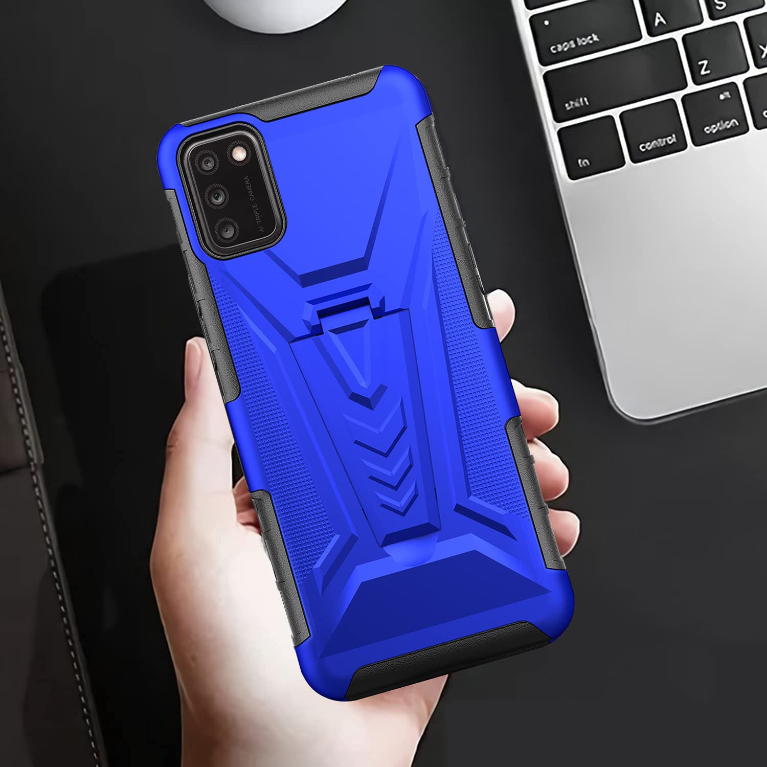 for Alcatel TCL A3X A600DL Case, with Tempered Glass Screen Protector Heavy Duty Protection Technology Built-in Kickstand Rugged Shockproof Protective Phone Case for Alcatel TCL A3X A600DL, (Blue)