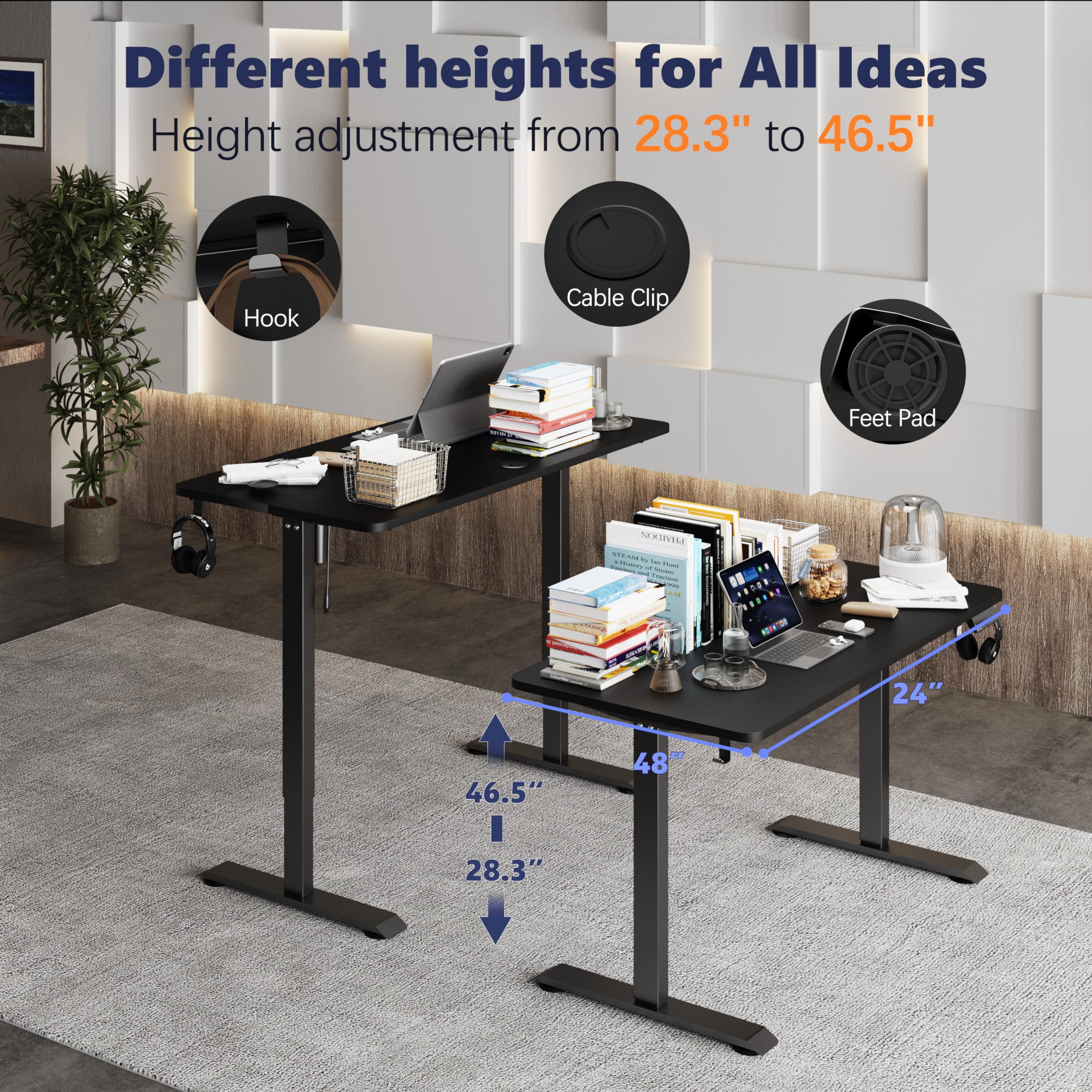 Monomi Electric Height Adjustable Standing Desk, 48x24 Inches, Ergonomic Home Office Sit/Stand Up Desk (Black Steel Frame/Black Top)
