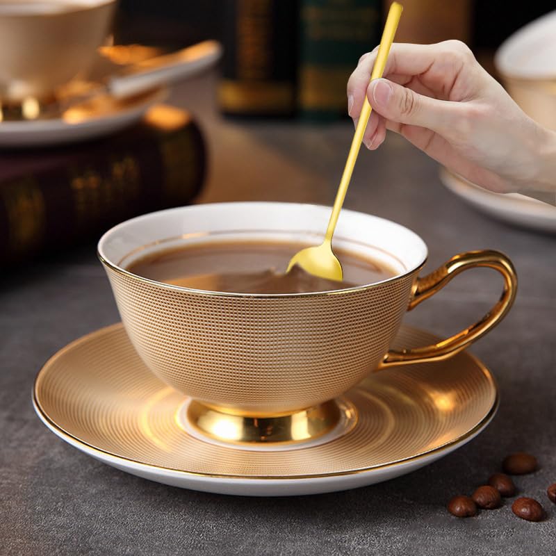 Monovatives Espresso Gold Plated Small Coffee Spoons with Long Handle for Stirring, Stainless Steel Long Handle coffee Spoon Pack of 8 for Tea Coffee Dessert Cake Ice Cream Soup Cappuccino, 5.3 inch