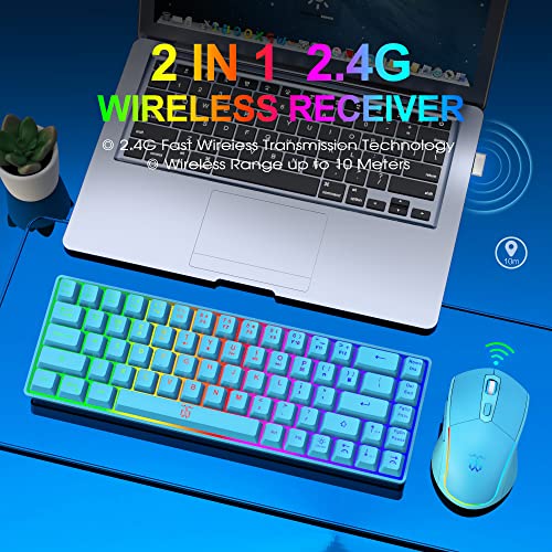 Snpurdiri 60% Wireless Gaming Keyboard and Mouse Combo,LED Backlit Rechargeable 2000mAh Battery,Small Membrane But Mechanical Feel Keyboard + 6D 3200DPI Mice for Gaming,Business Office(Blue