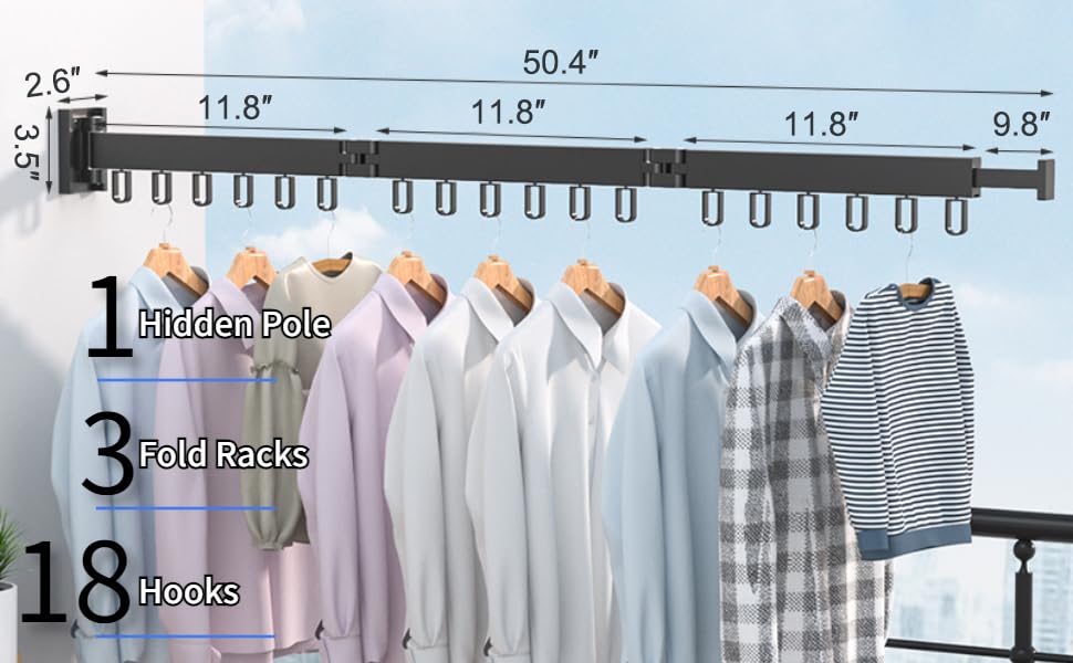 Wall Mounted Clothes Drying Rack, Laundry Drying Rack Foldable, Retractable Drying Rack Clothing, Laundry Hanger Dryer Rack, Collapsible Hanging Rack, Clothing Rack, Space-Saving Clothes Rack, Black