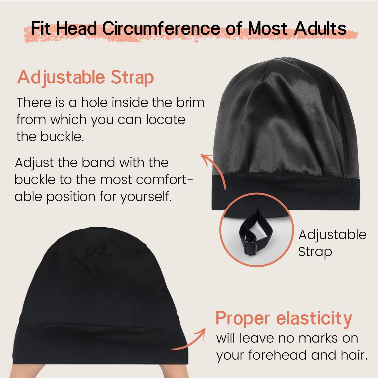 iCooBreeze 100% Mulberry Silk Lined Sleep Cap Bonnet for Curly Hair and Braids, Stay On Sleeping Hair Wrap Adjustable, 1PC, Solid Black