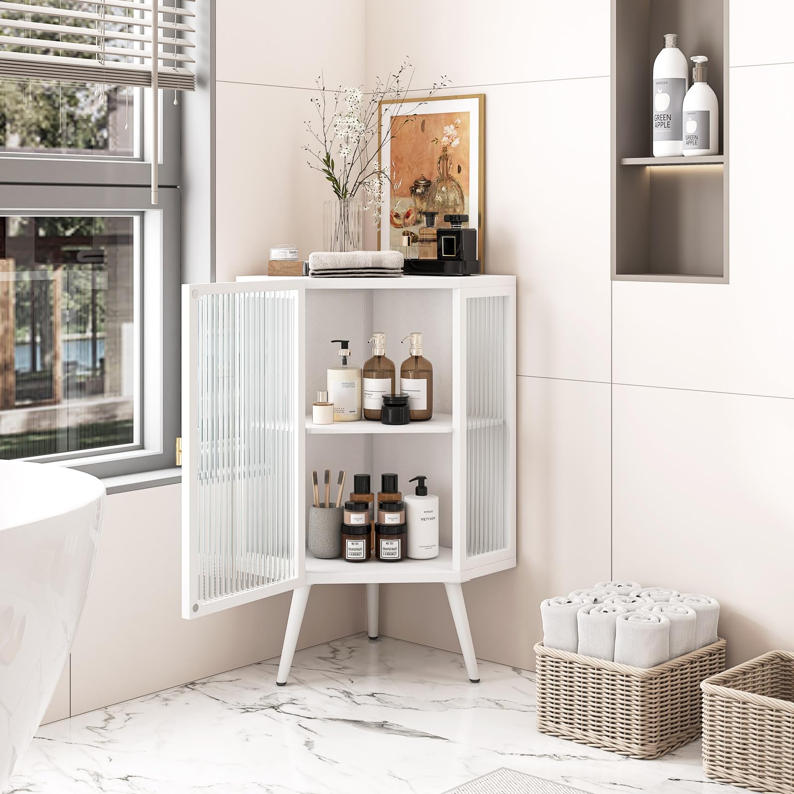 QMIT Corner Cabinet Table with Glass Doors, Small Metal Corner Storage Table ,Corner Hutch Cabinet for Bathroom, Living Room, Bedroom Kitchen (White—2 Tier)
