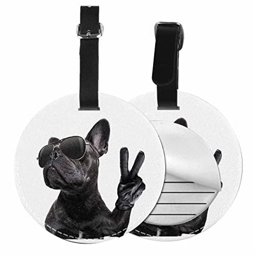 TKS MITLAN 1 Pcs Luggage Tag French Bulldog Privacy Cover ID Label Address Card for Travel Bag Suitcase Cool Trendy Posing with Sunglasses Victory Fingers Leather Luggage Tag Travel(Round)