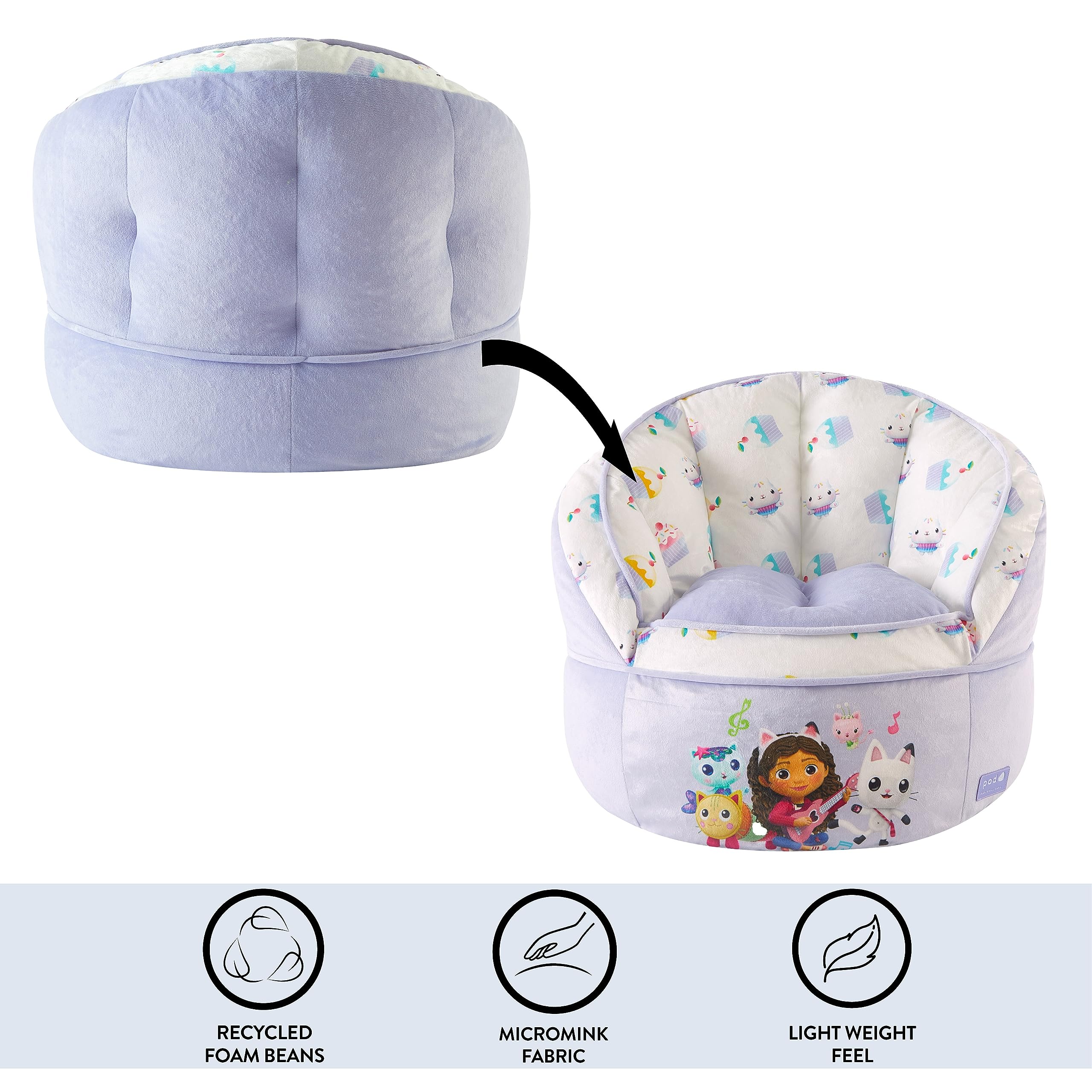 Idea Nuova Gabbys Dollhouse Purple Round Bean Bag Chair for Kids, Ages 3+, Large