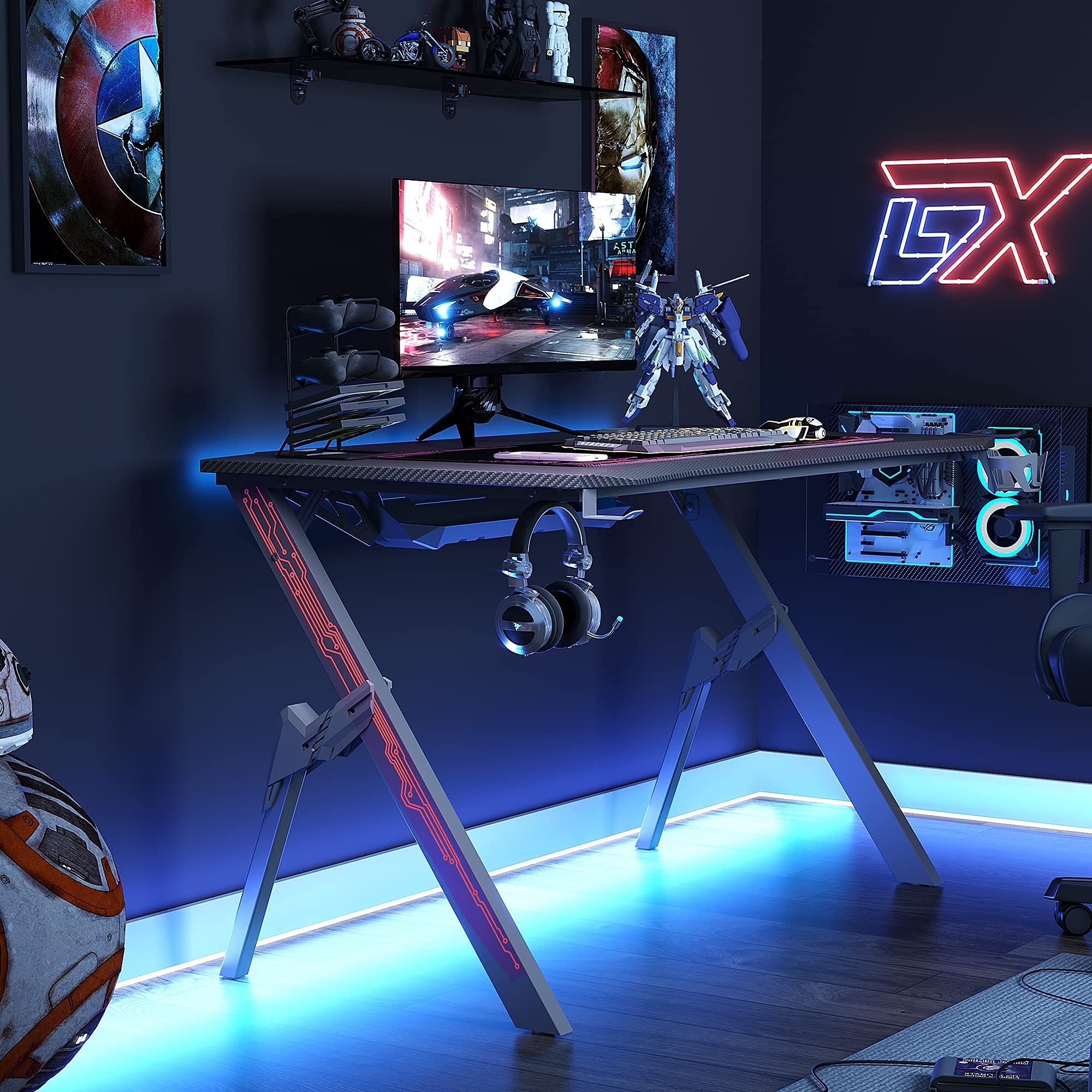 GALAXHERO 43.3β Pro Gaming Desk, Gamer Computer Desk with Headphone Hook and Cup Holder, Home Office PC Workstation for E-Sports Use, Free XL Mouse Pad, Black&Red, GX-A