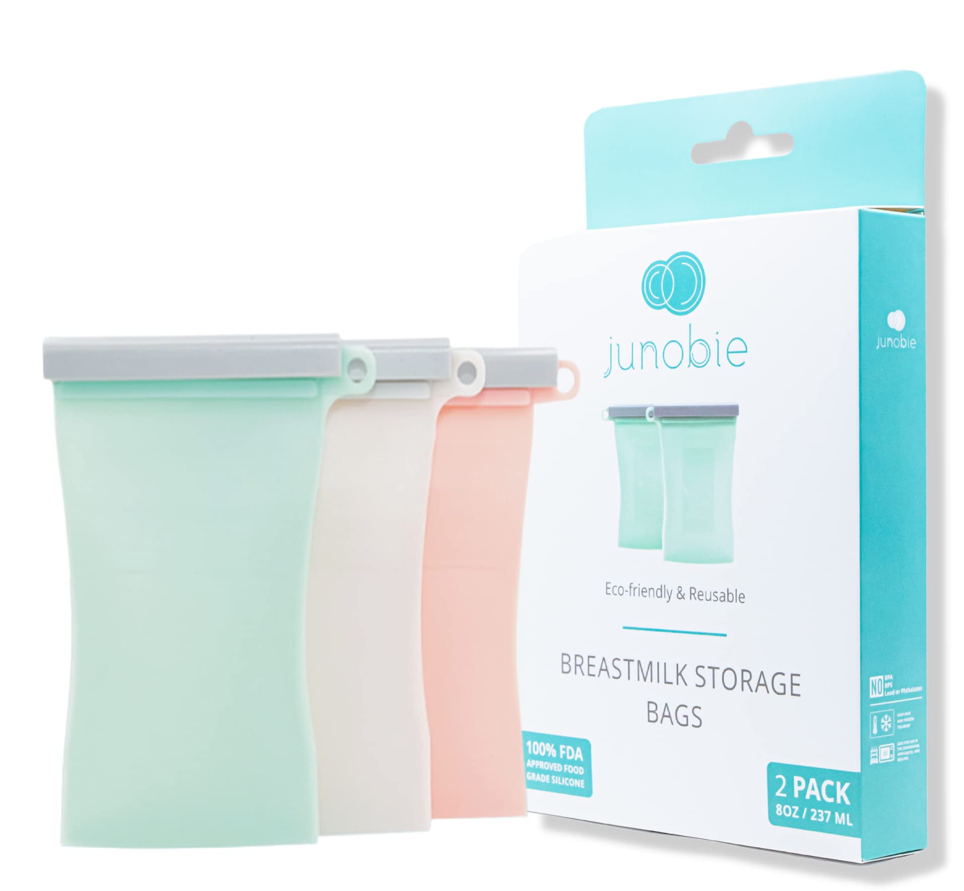 JUNOBIE Bag 4-Pack (Pink, Mint, Gray) | Reusable Breastmilk Storage Bags (As Seen on Shark Tank) | Milk Storage Container