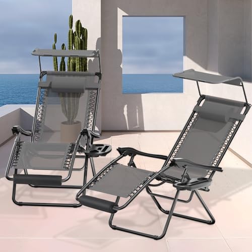 MoNiBloom Zero Gravity Chairs Set of 2, Patio Anti Gravity Recliner with Canopy Shade, Foldable Outdoor Lounger with Cup Holder Tray, Headrest and Footrest for Beach Camping, Grey