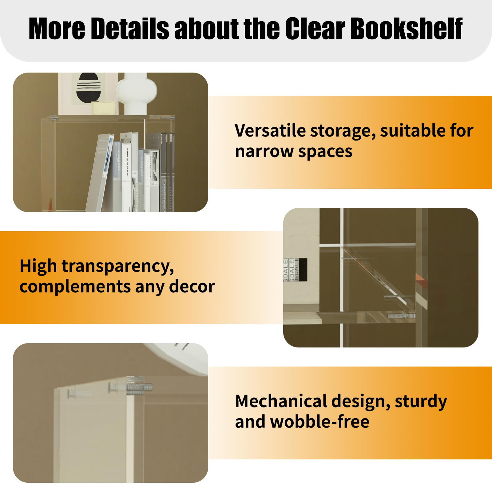 Nalwort Clear Acrylic Bookcase, 3-Tier Cube Storage Bookshelf, Modern Standing Display Bookshelf 31.5" Tall, Narrow Bookcase, Sturdy Open Book Shelf for Office, Living Room, Bedroom
