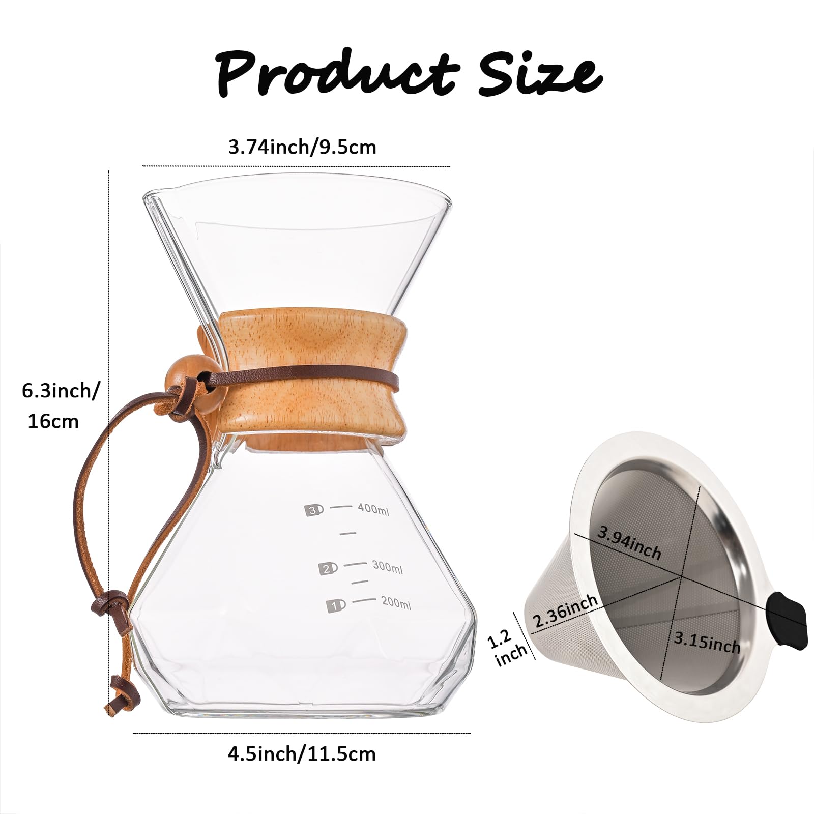 NEWOUGER Pour Over Coffee Maker with Double-layer Stainless Steel Filter,27 OZ Borosilicate Pour Over Coffee Dripper Glass Coffee Carafe For Home,Camping, Hiking