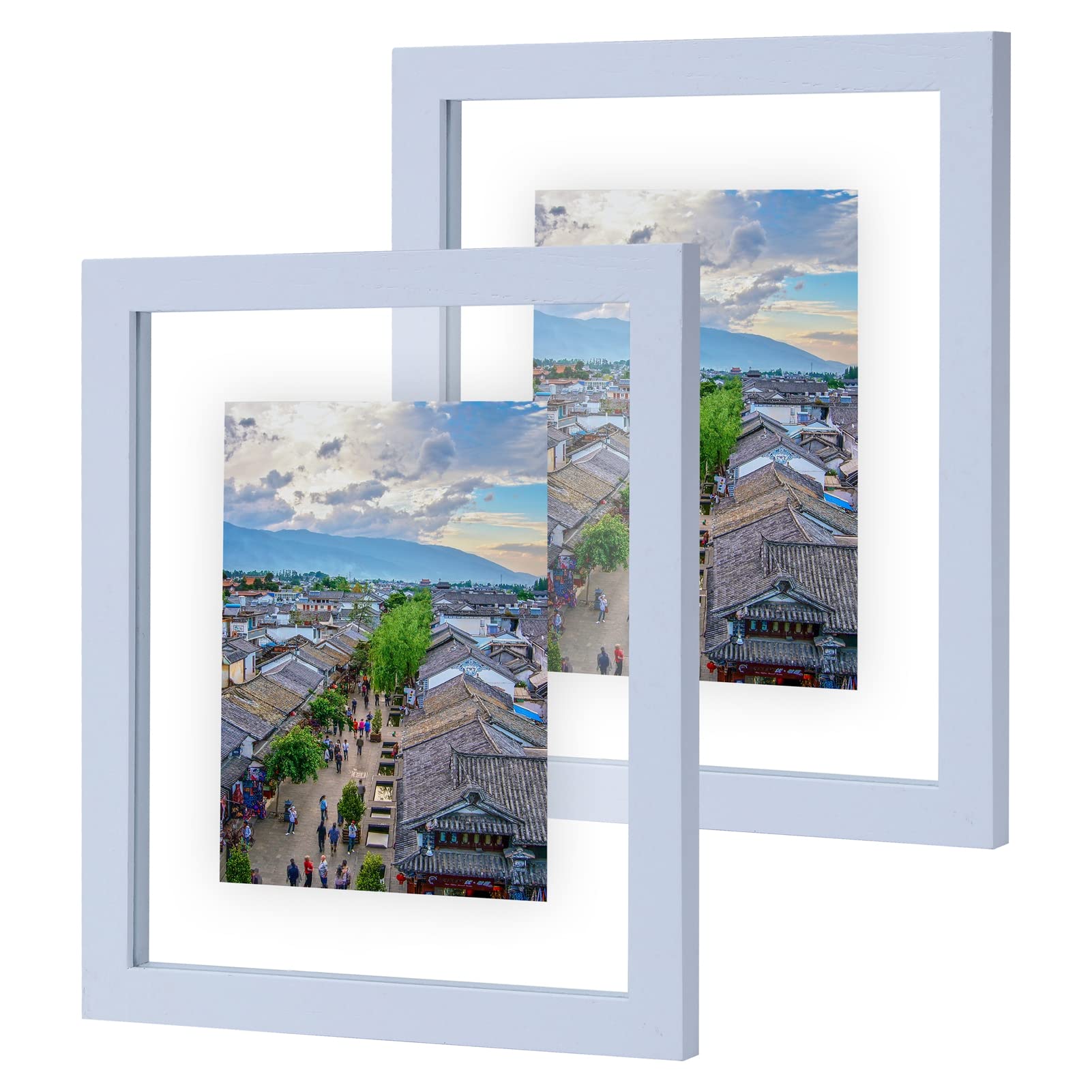 FIRMINANA 2 Pack 11x14 Floating Picture Frames,Display 2x3, 4x6, 5x7, 8x10, 11x14 Full Display Without Floating, Solid Oak Frame and High Definition Double Glass,Rustic White