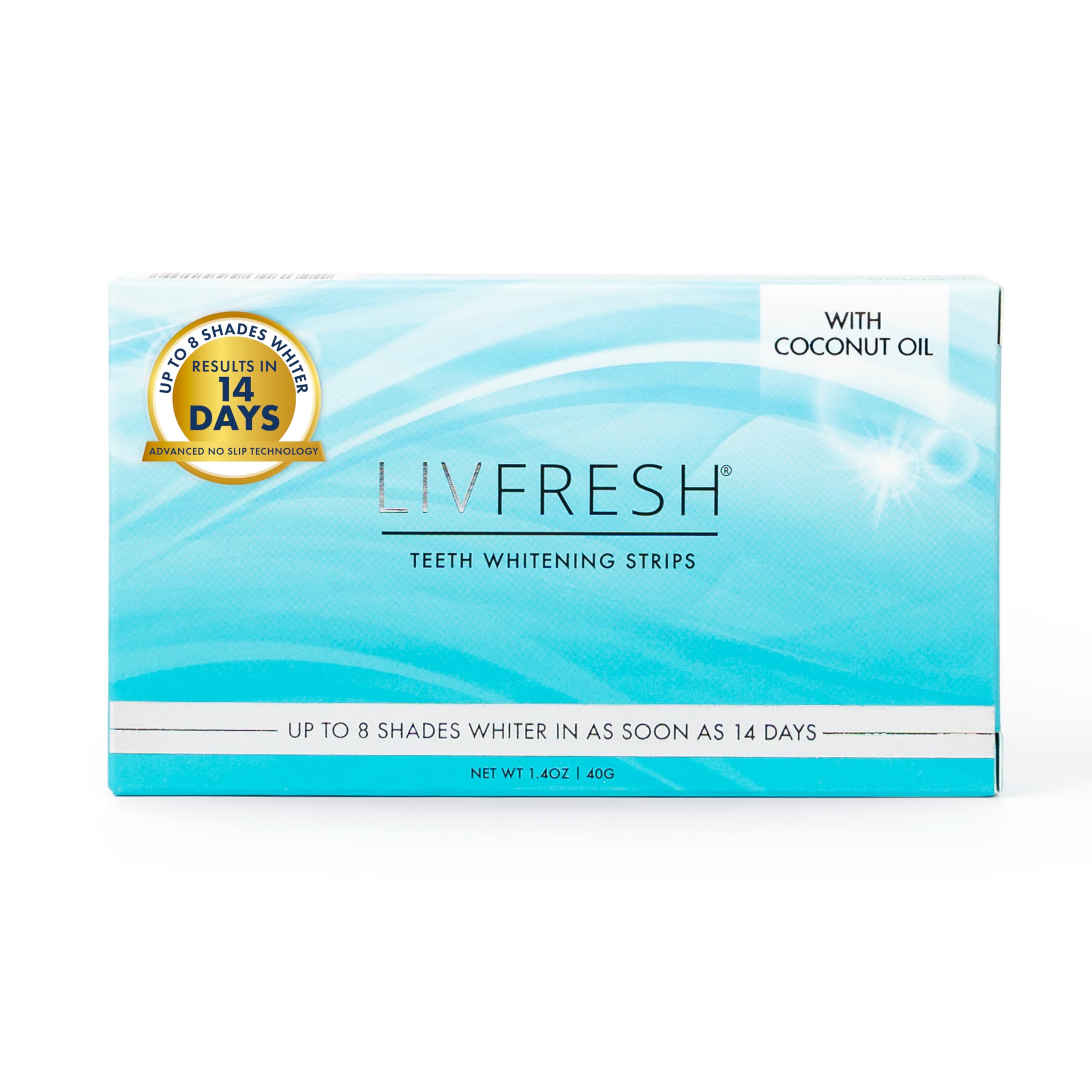 LIVFRESH Teeth Whitening Strips, Results in 14 Days, Cleans Teeth & Reduces Plaque, Enamel Safe, for Sensitive Teeth, Uses Coconut Oil & Hydrogen Peroxide, No Slip Teeth Whitener, 14 Treatments