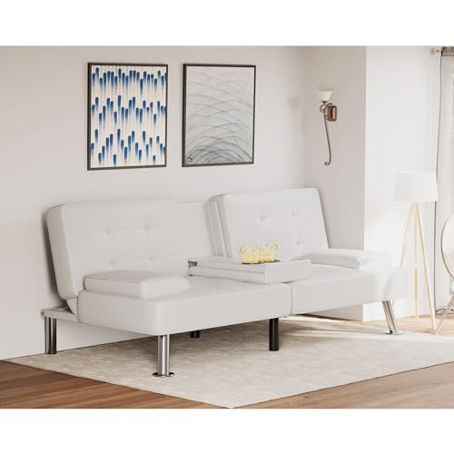 Flamaker Futon Sofa Bed Modern Folding Futon Set Faux Leather Convertible Recliner Lounge for Living Room with 2 Cup Holders, Removable Armrests (Faux Leather, White)