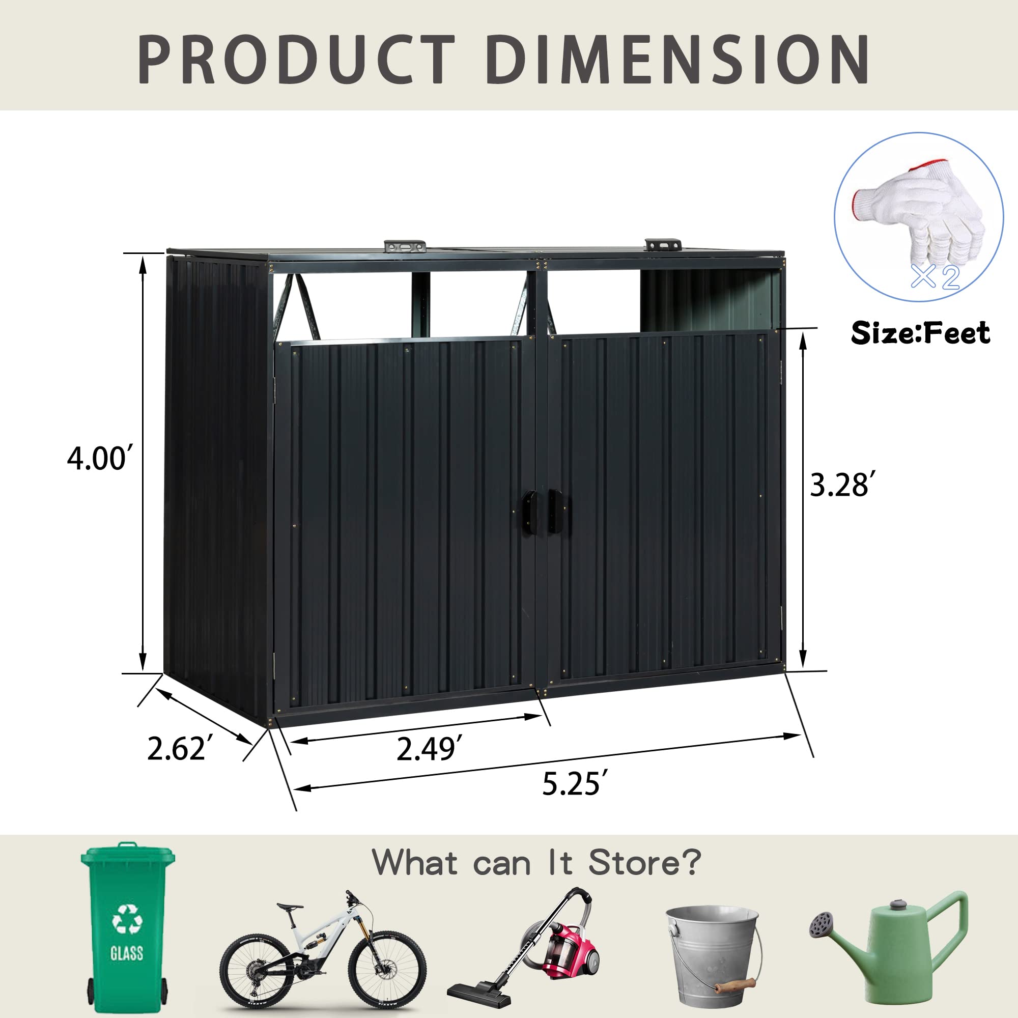 Metal Outdoor Garbage Bin Storage Shed, Rpuzonier Trash Bin Storage Shed with Doors and Lifting Lids, Tool Storage Shed for Garden Yard Lawn (for 2 Cans)