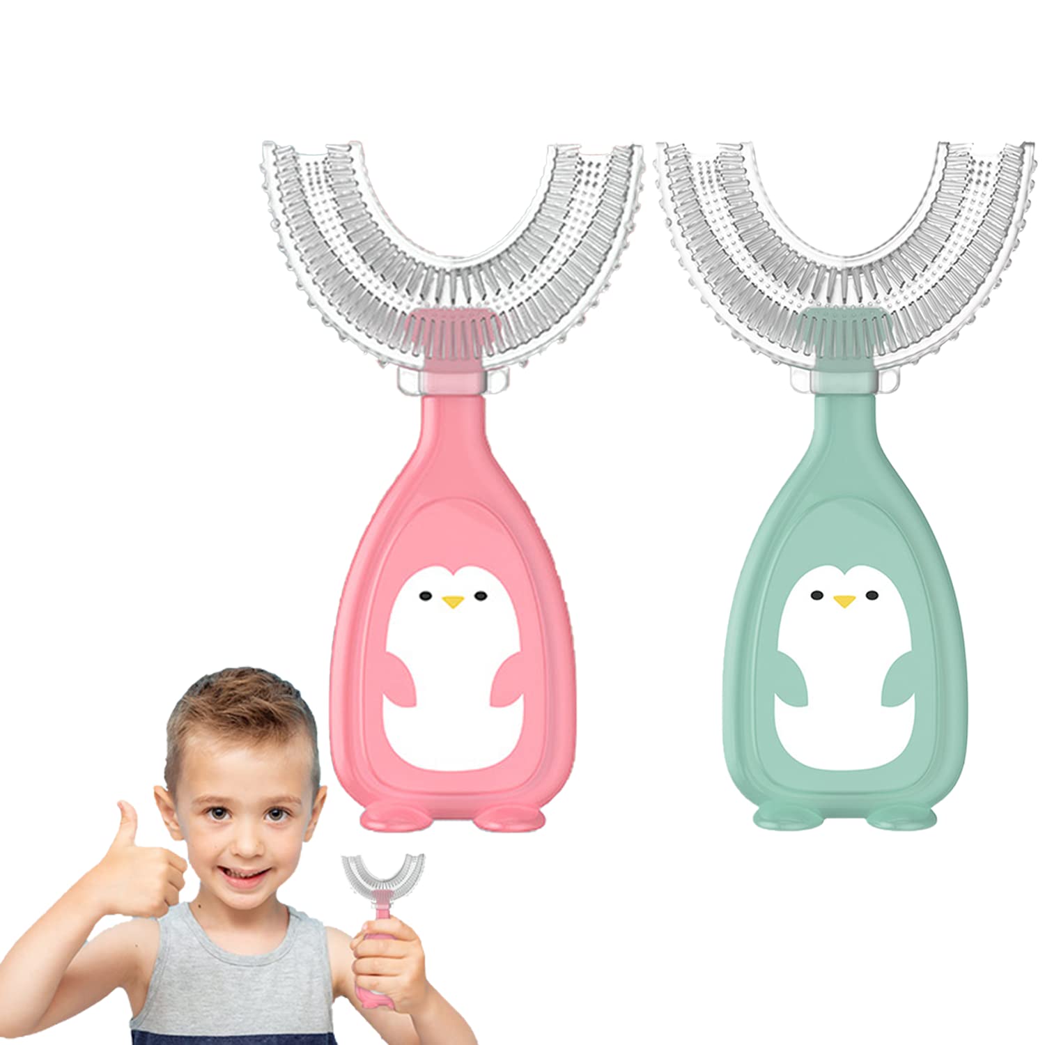 Wosninba 2PCS Kids U Shaped Toothbrush 360° Manual Toothbrush with Silicone Brush Head Full Mouth Toothbrush for Toddlers and Children (Style A)