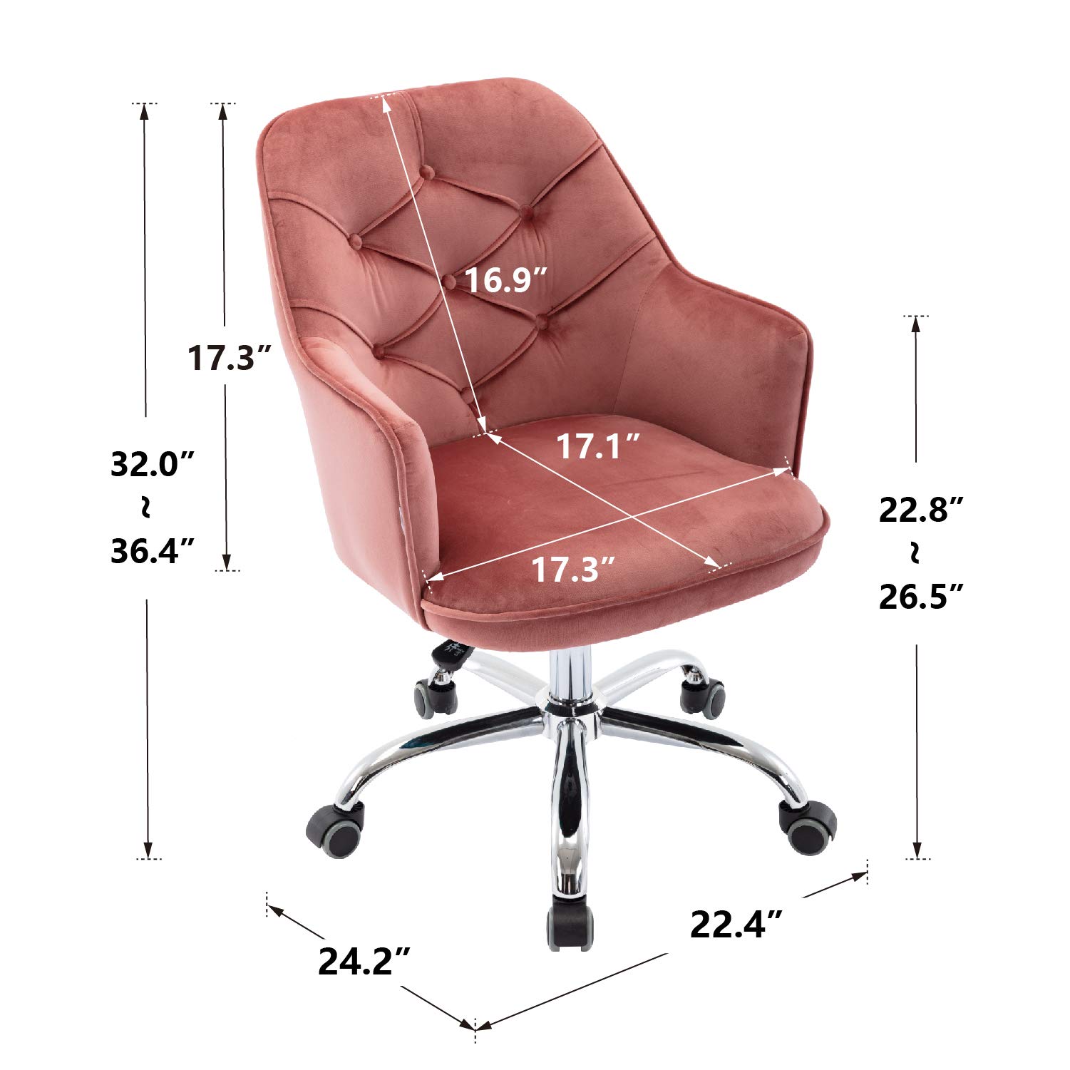 Goujxcy Upholstered Velvet Swivel Chair on Rolling Castors, Adjustable Lift Height Home Office Leisure Armrest Shell Chair with Backrest, Pink