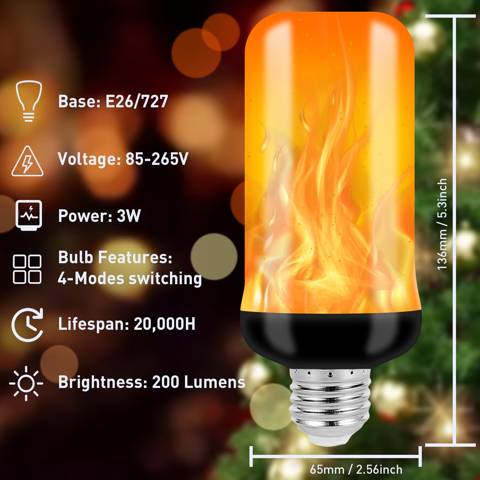 LED Flame Light Bulbs 4 Modes Flickering Light Bulbs with Gravity Sensor, E26 Base Fire Light Bulb for Halloween, Christmas Decorations, Party, Outdoor, Indoor, Home Decor (2 Pack - Black case)