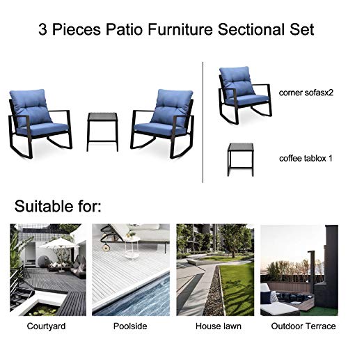 Wallowsun 3-Piece-Set Bistro Set Patio Set Outdoor Furniture with 2 Black Wicker-Top Rocking Chairs Going with Cobalt Blue Cushions and 1 Glass-Top Table for countyard,Poolside